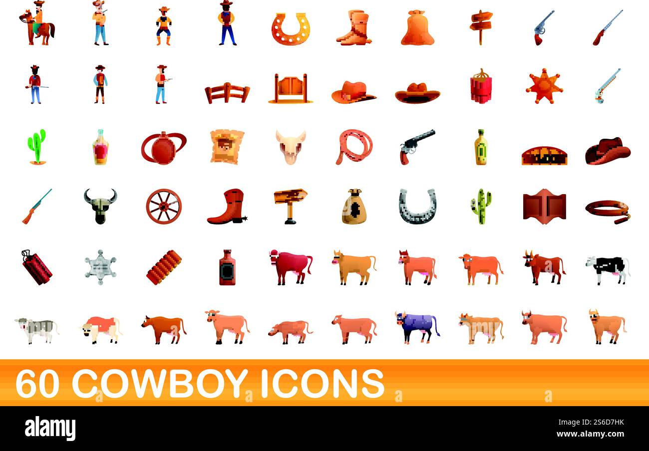 60 cowboy icons set. Cartoon illustration of 60 cowboy icons vector set ...