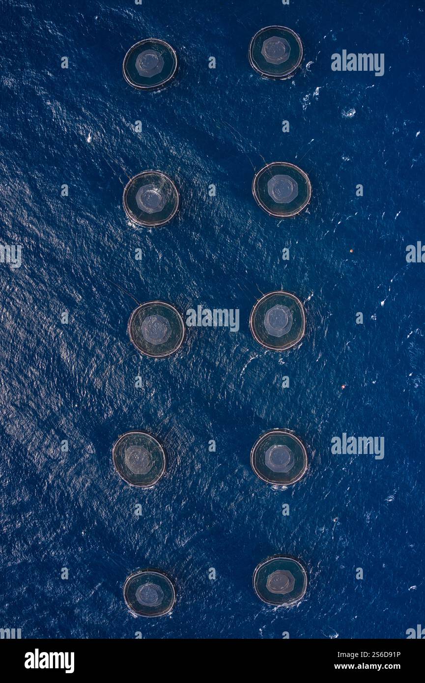 Aerial view of aquaculture farming systems off the coast of Madeira ...