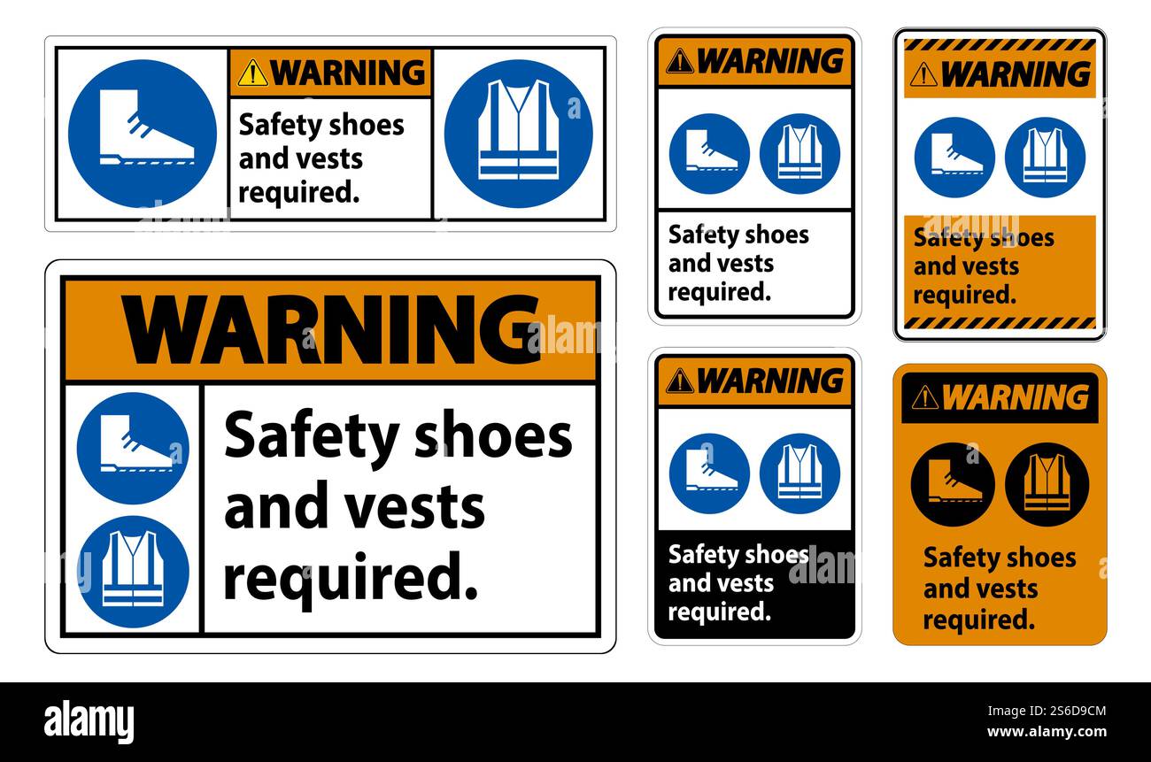 Warning Sign Safety Shoes And Vest Required With PPE Symbols on white ...