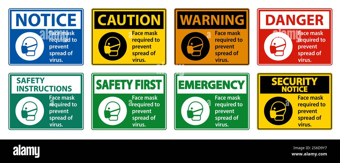 Face mask required to prevent spread of virus sign on white background ...