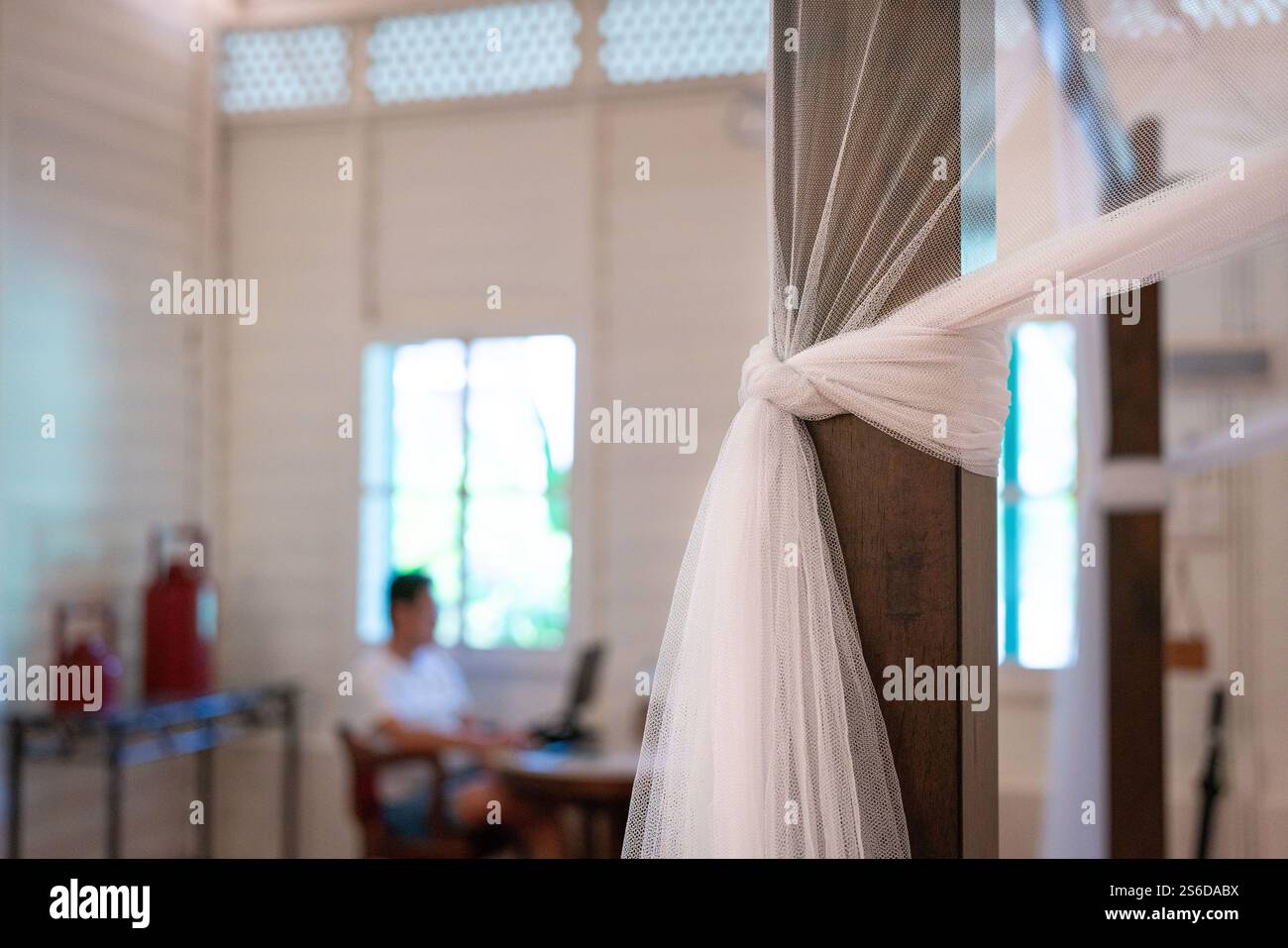 Bedroom with mosquito net tied to bedpost. Blur man working on the computer at the background ...