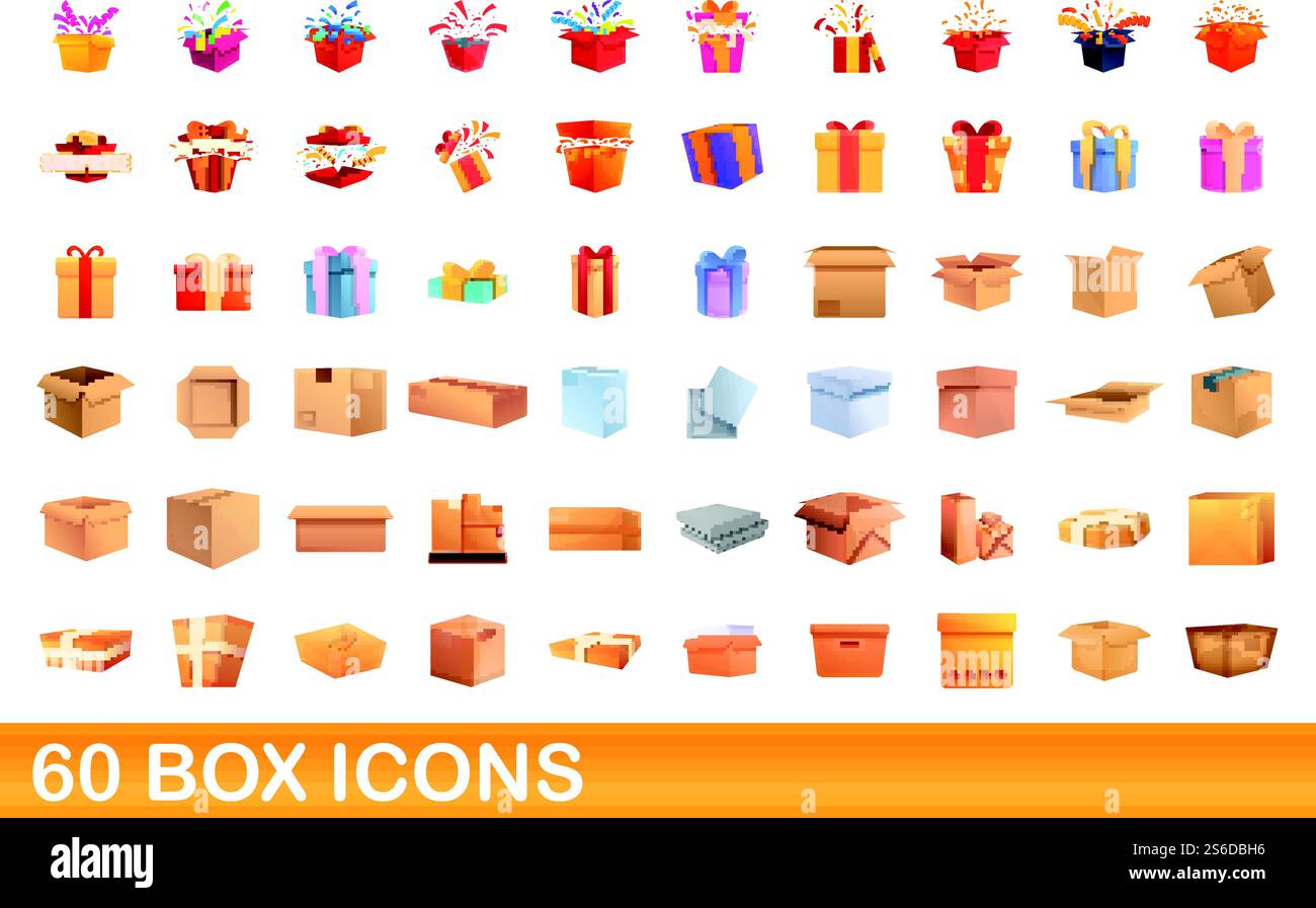60 box icons set. Cartoon illustration of 60 box icons vector set ...