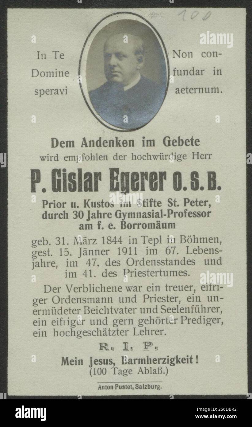 Funeral card Rev. Gislar Egerer Stock Photo - Alamy