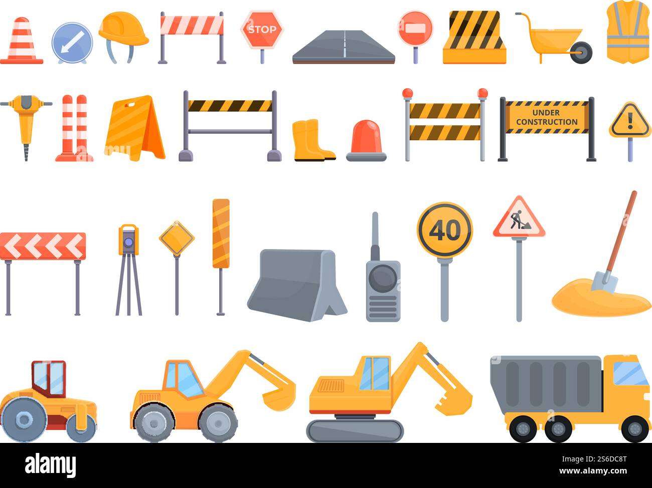 Highway construction icons set. Cartoon set of highway construction ...