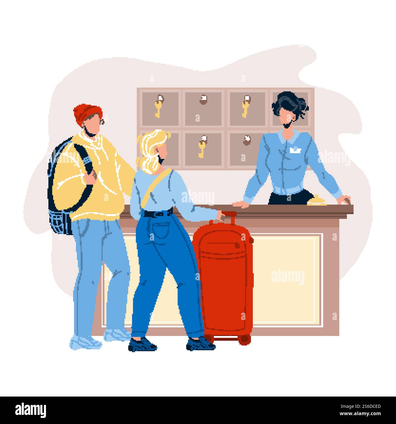 At Hotel Reception Registering Guest Couple Vector. Young Man And Woman ...