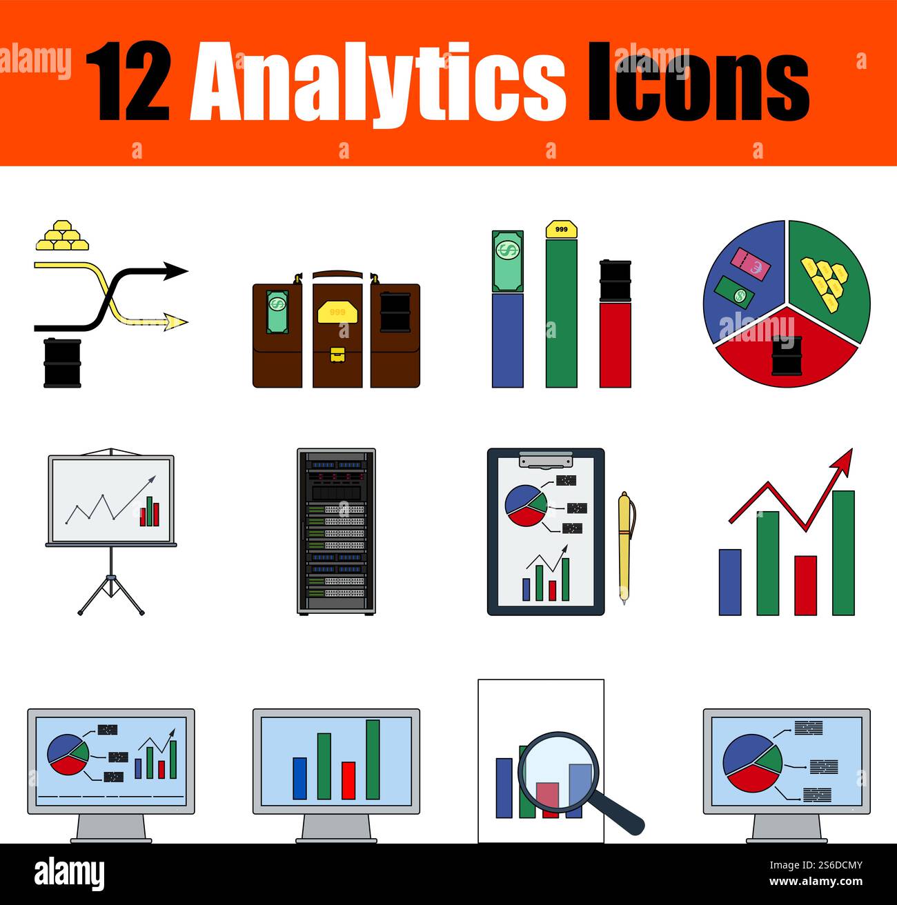 Analytics Icon Set. Flat Color Outline Design With Editable Stroke. Vector Illustration Stock ...