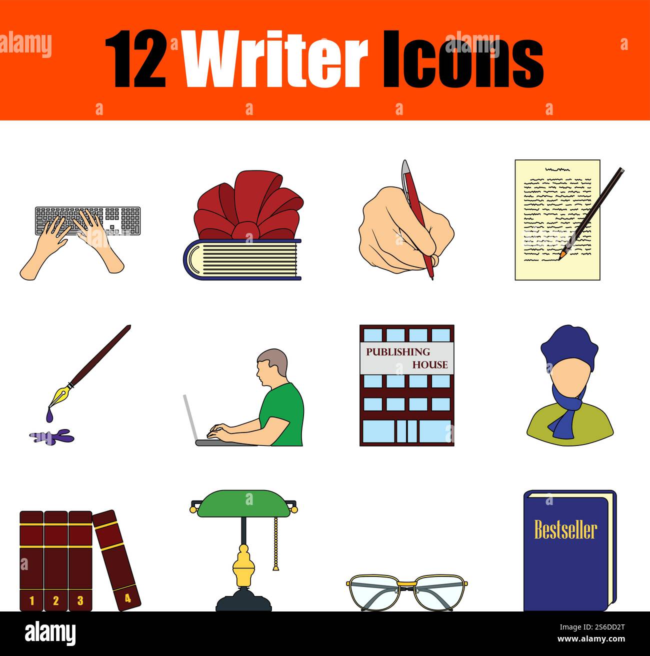 Writer Icon Set. Flat Color Outline Design With Editable Stroke. Vector ...