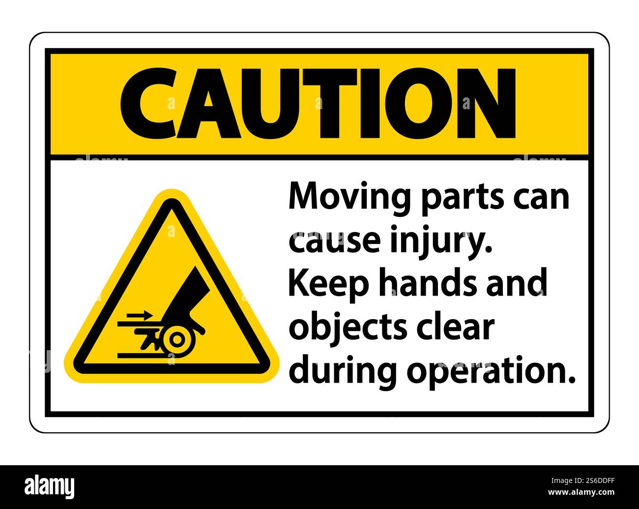 Caution Moving parts can cause injury sign on white background Stock ...