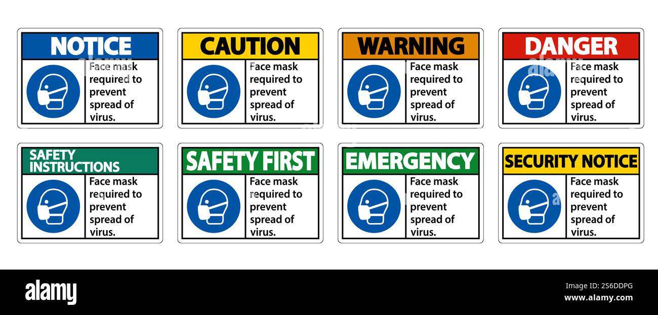 Face mask required to prevent spread of virus sign on white background ...