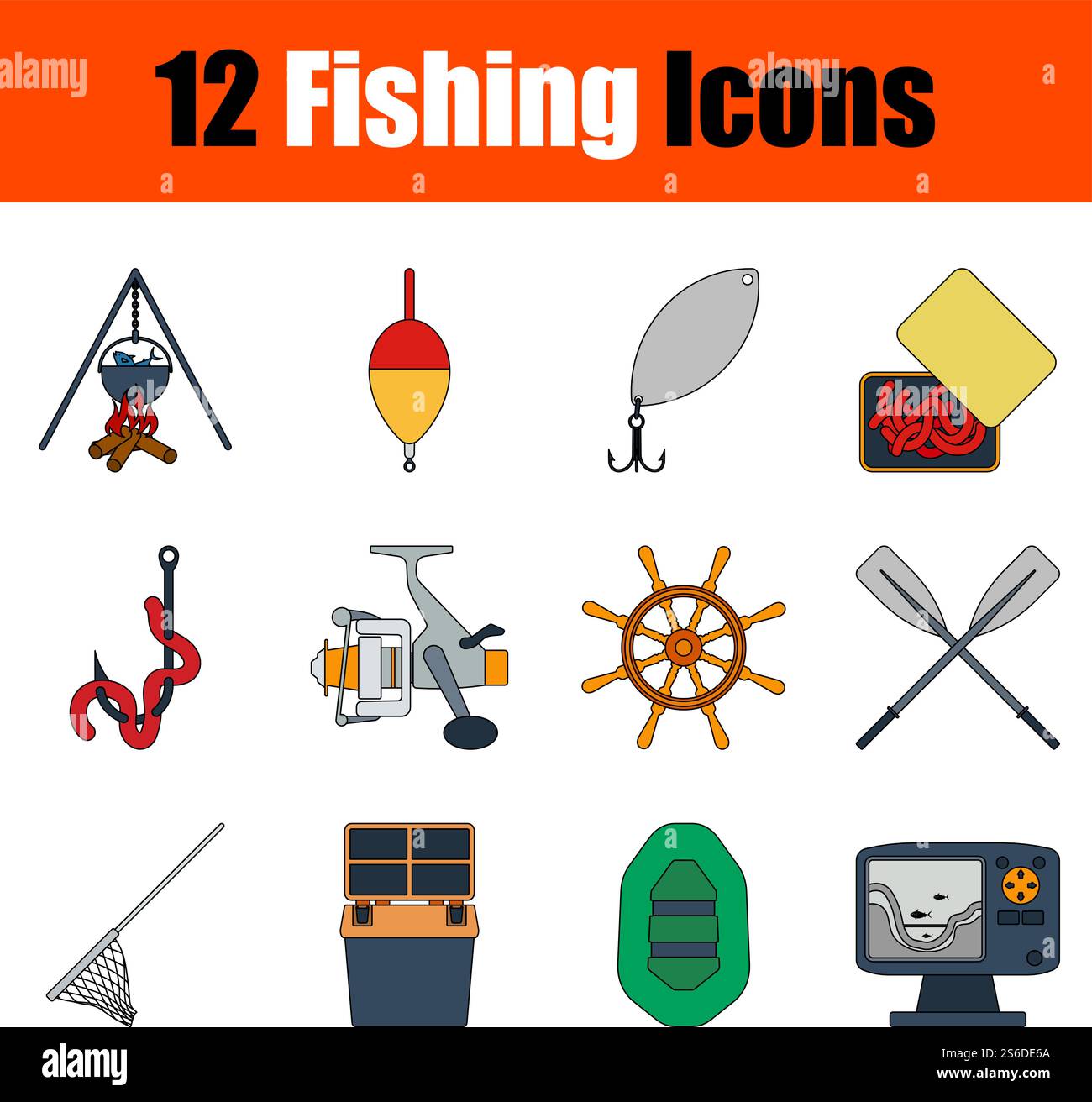 Fishing Icon Set. Flat Color Outline Design With Editable Stroke ...