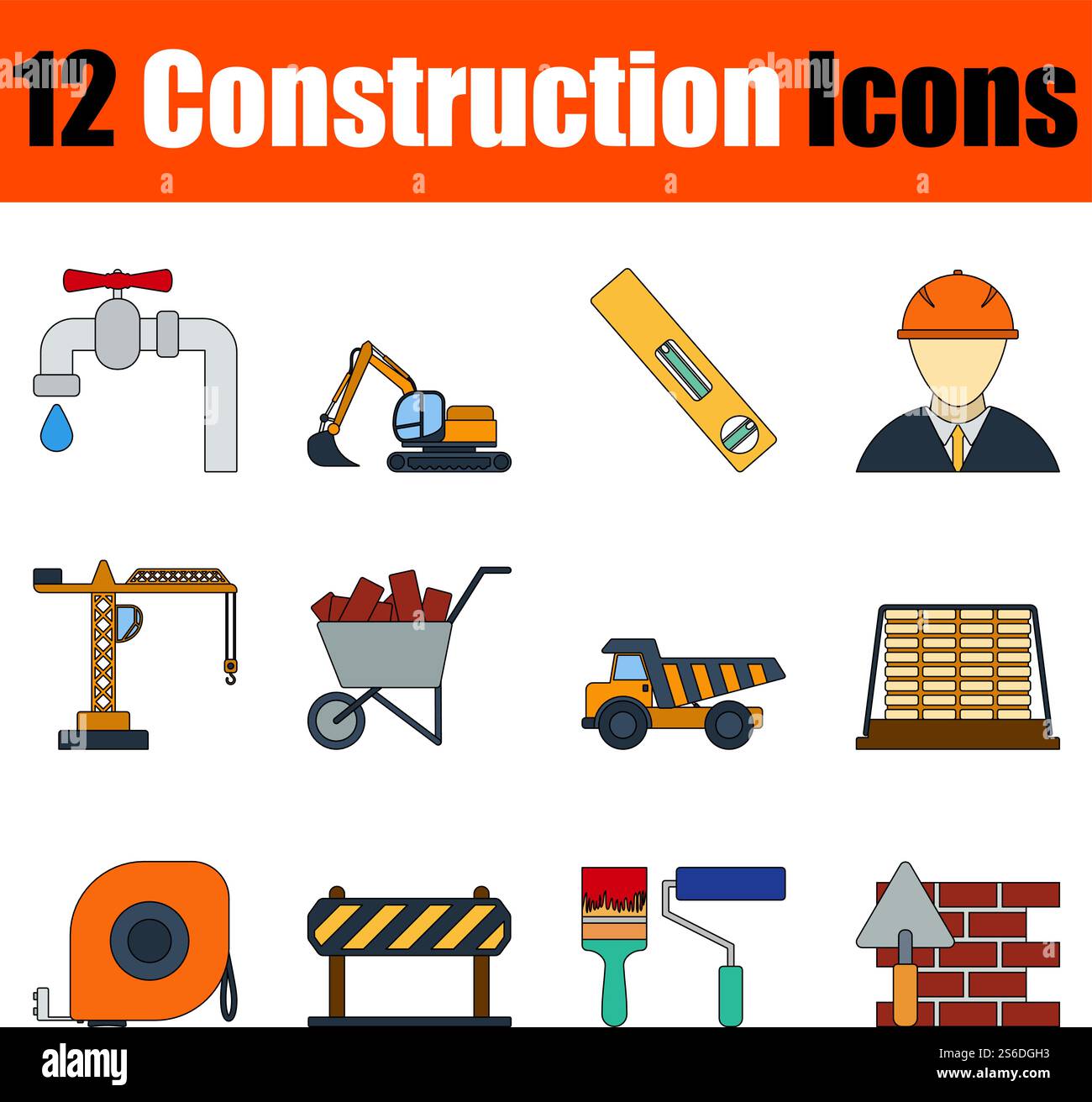 Construction Icon Set. Flat Color Outline Design With Editable Stroke ...
