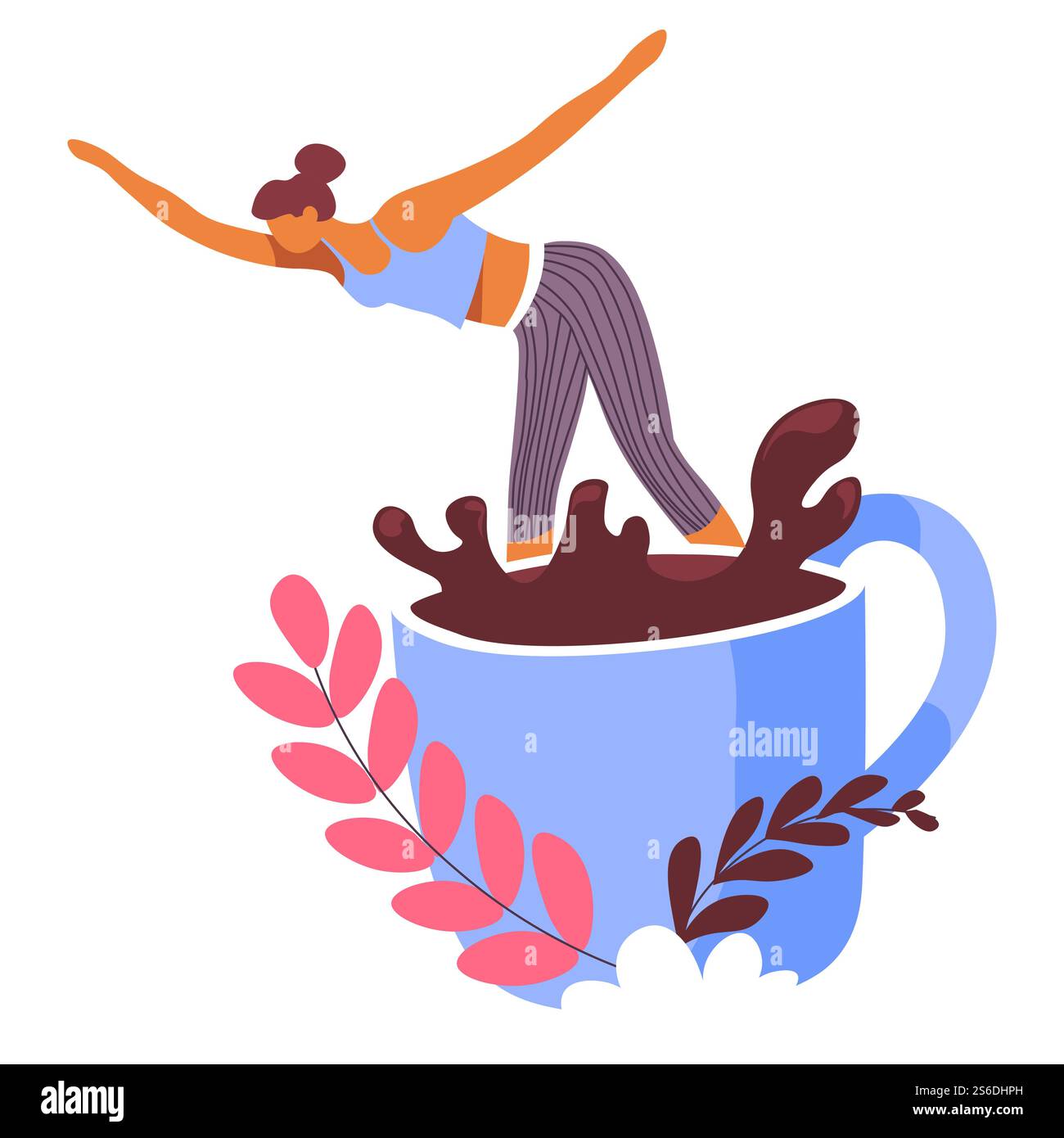 Female character gets energized by cup of hot beverage. Woman diving ...