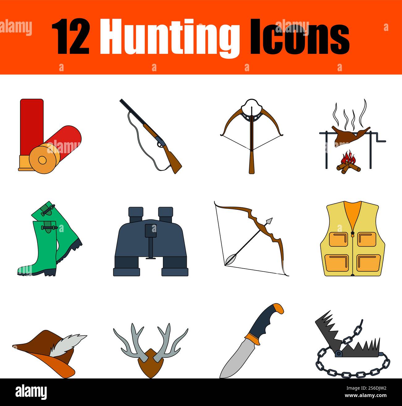 Hunting Icon Set. Flat Color Outline Design With Editable Stroke ...
