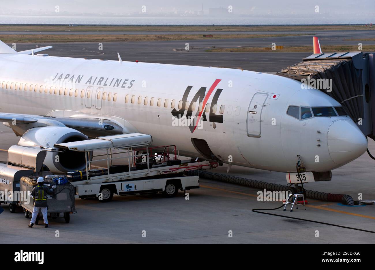 Japan Airlines (JAL) passenger jet airplane being serviced on the ...