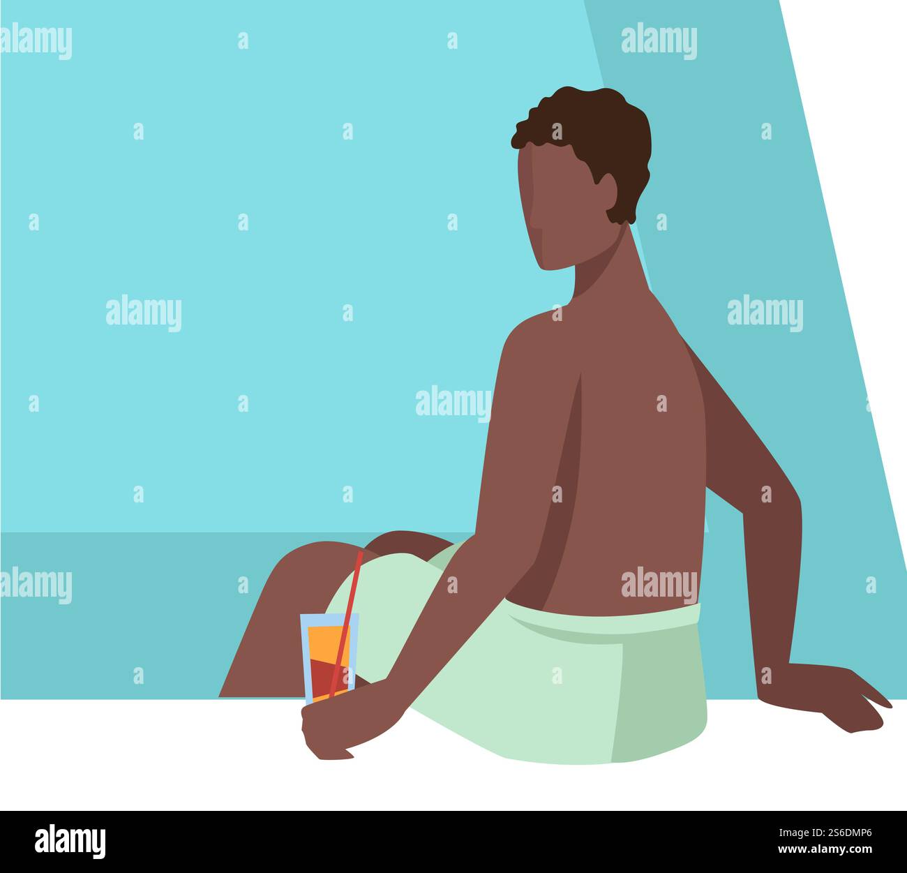 Male character resting by pool, drinking cocktail. Man sitting by ...