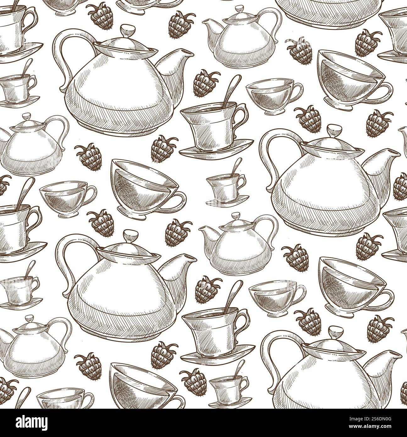 Teapot and cups with saucer and spoon, raspberry tea seamless pattern ...