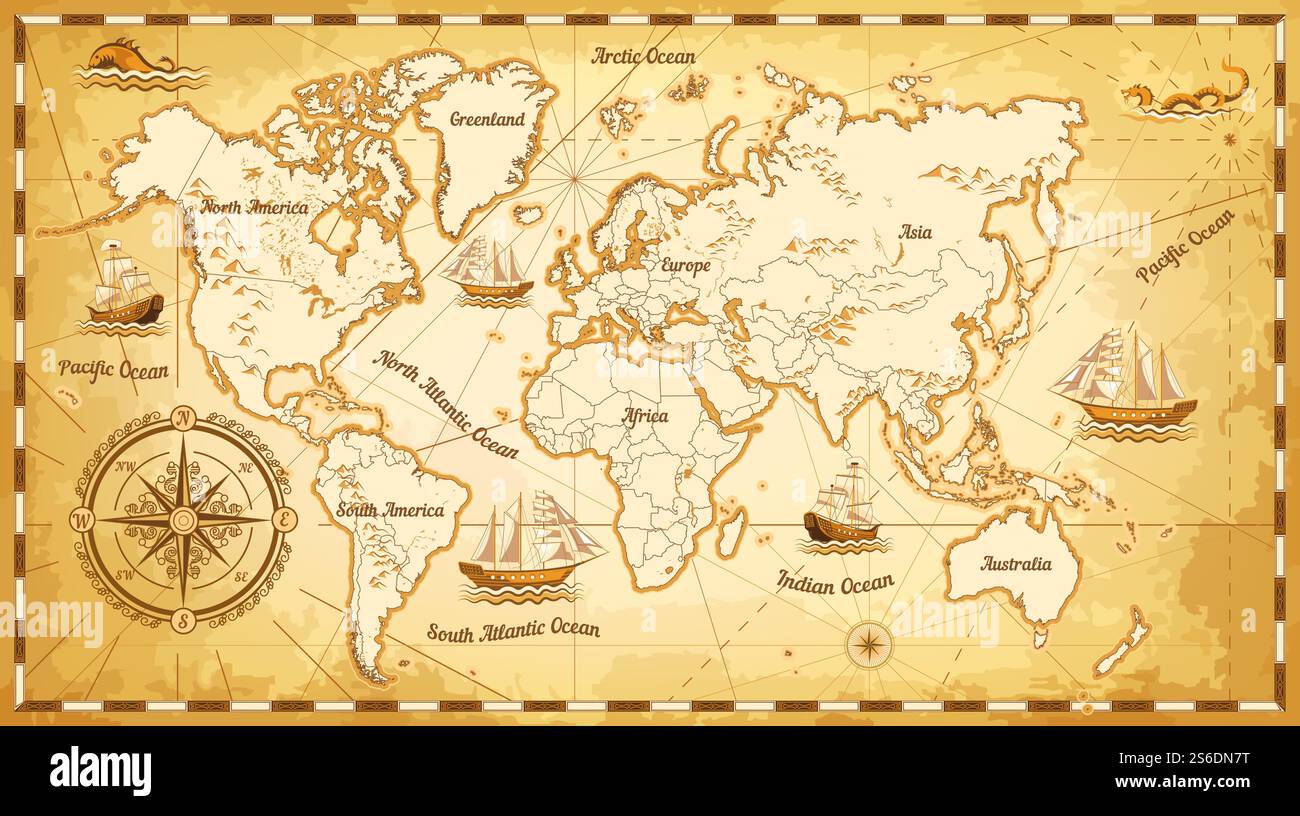 Marine navigation ancient world map ships and continents compass vector ...