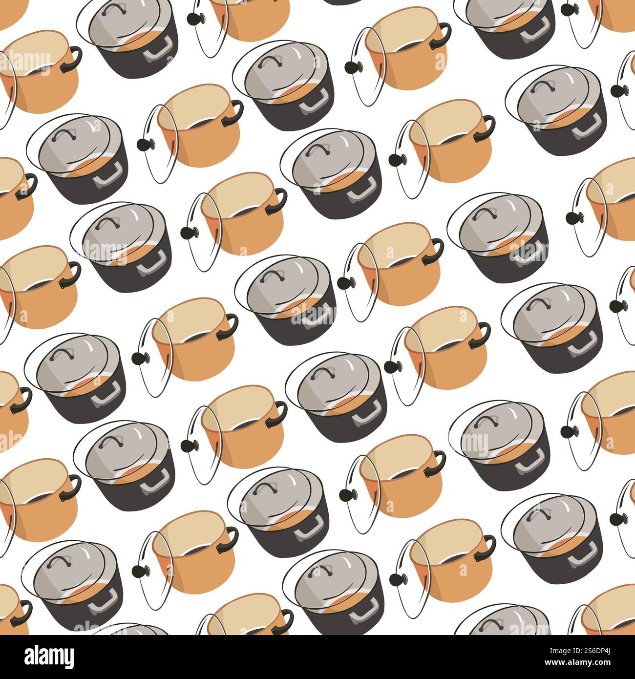 Kitchenware saucepan seamless pattern, casserole with glass lid ...