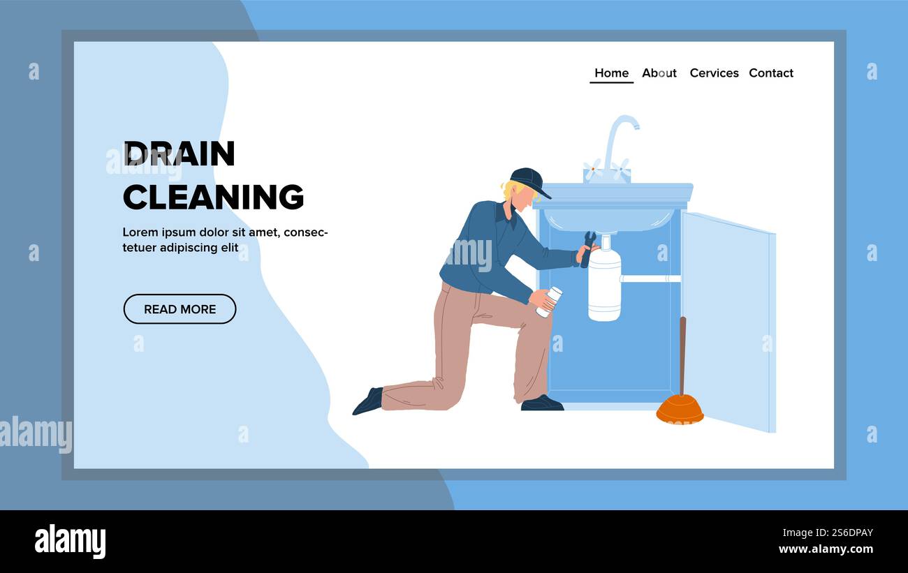 Drain Cleaning Repairman With Equipment Vector. Pipe Drain Cleaning And ...