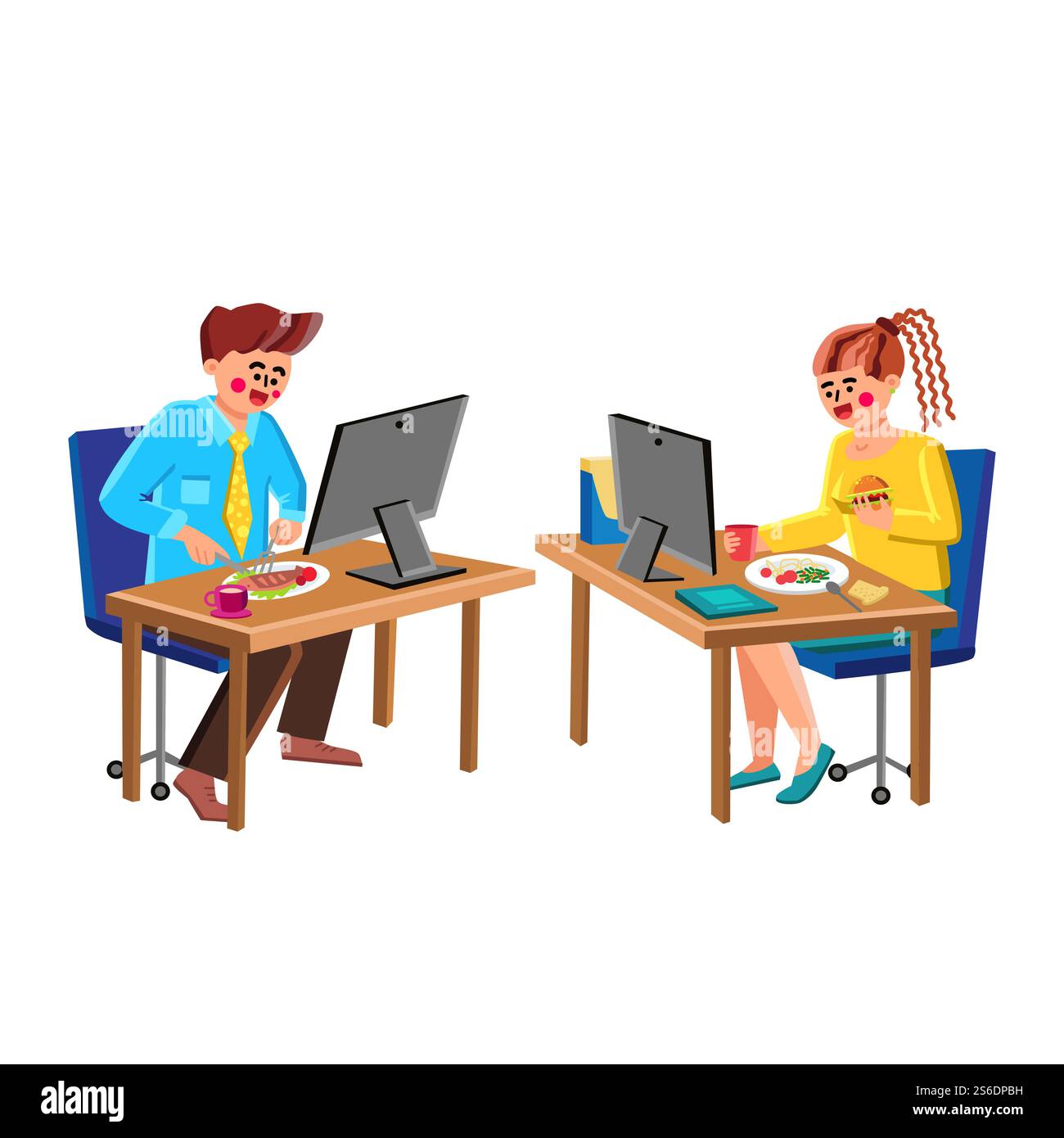 Businesspeople Eat At Desk And Working Vector. Young Man And Woman ...
