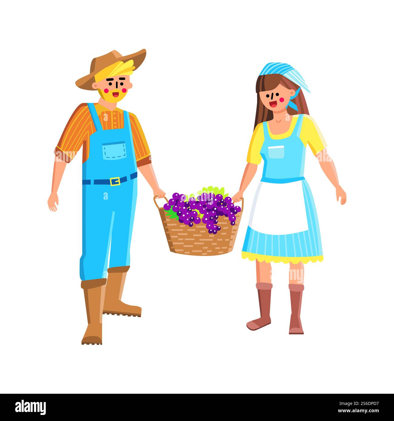 Farmers Couple Harvesting Grape Together Vector. Man And Woman Farm ...