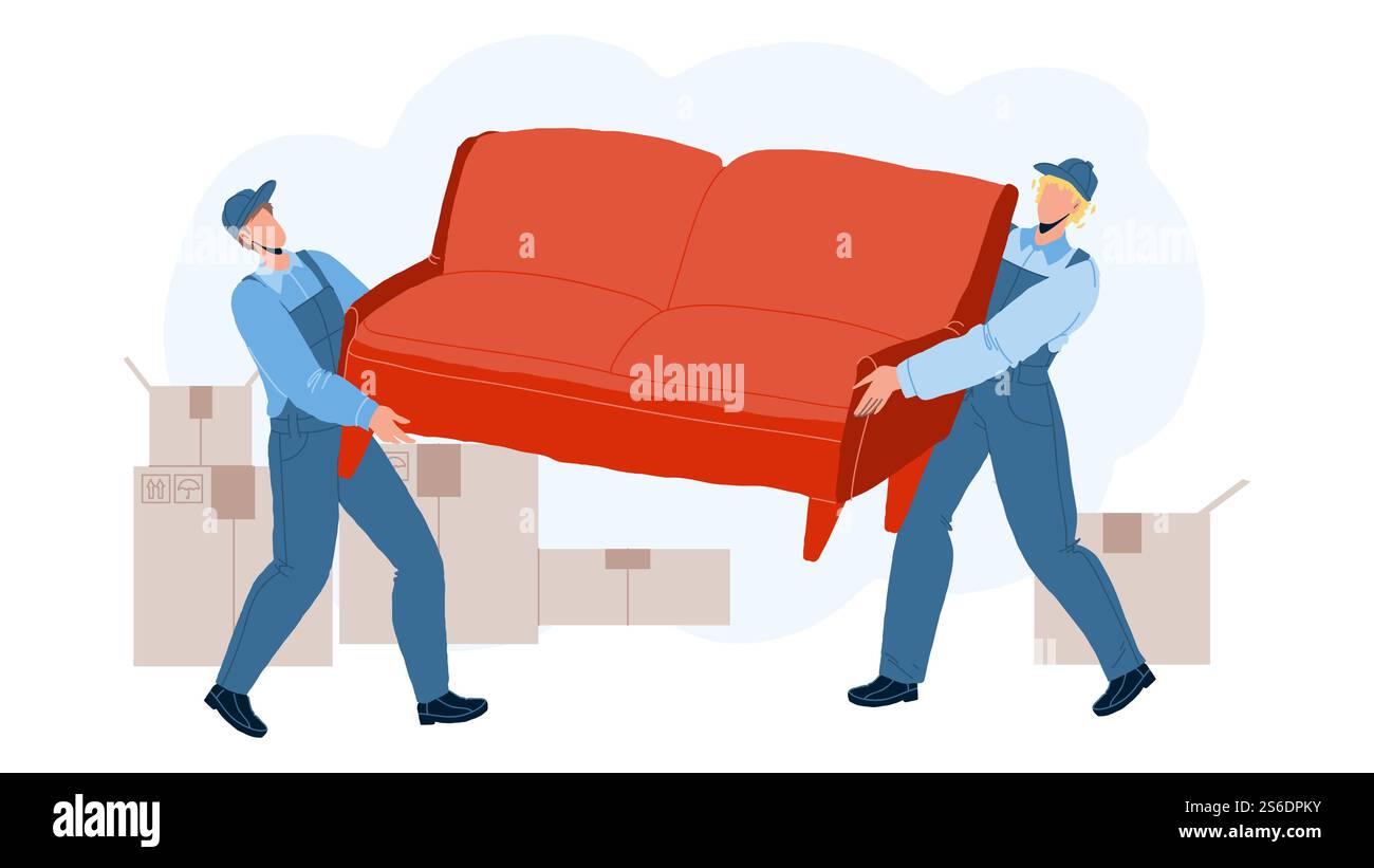 Movers Carry Sofa And Move To New House Vector. Transportation And Move ...