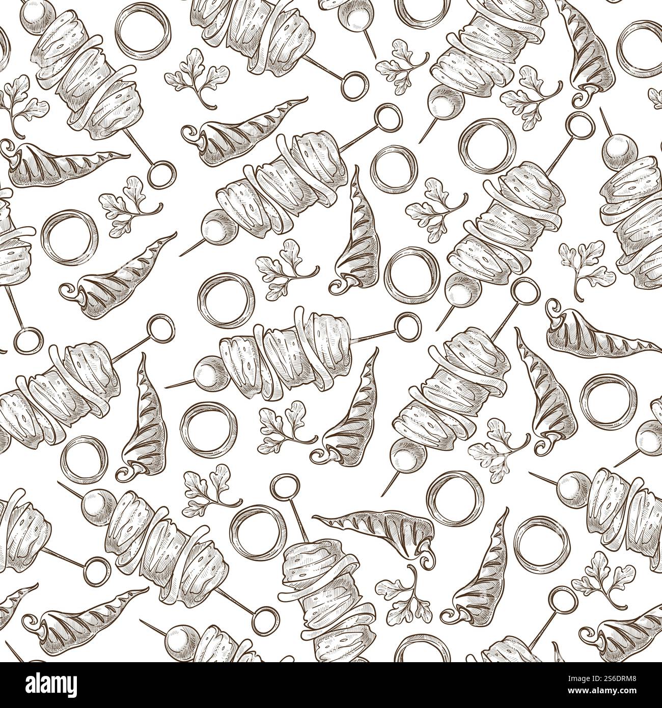 Fried meat and veggies cooked, seamless pattern of skewers with onion ...