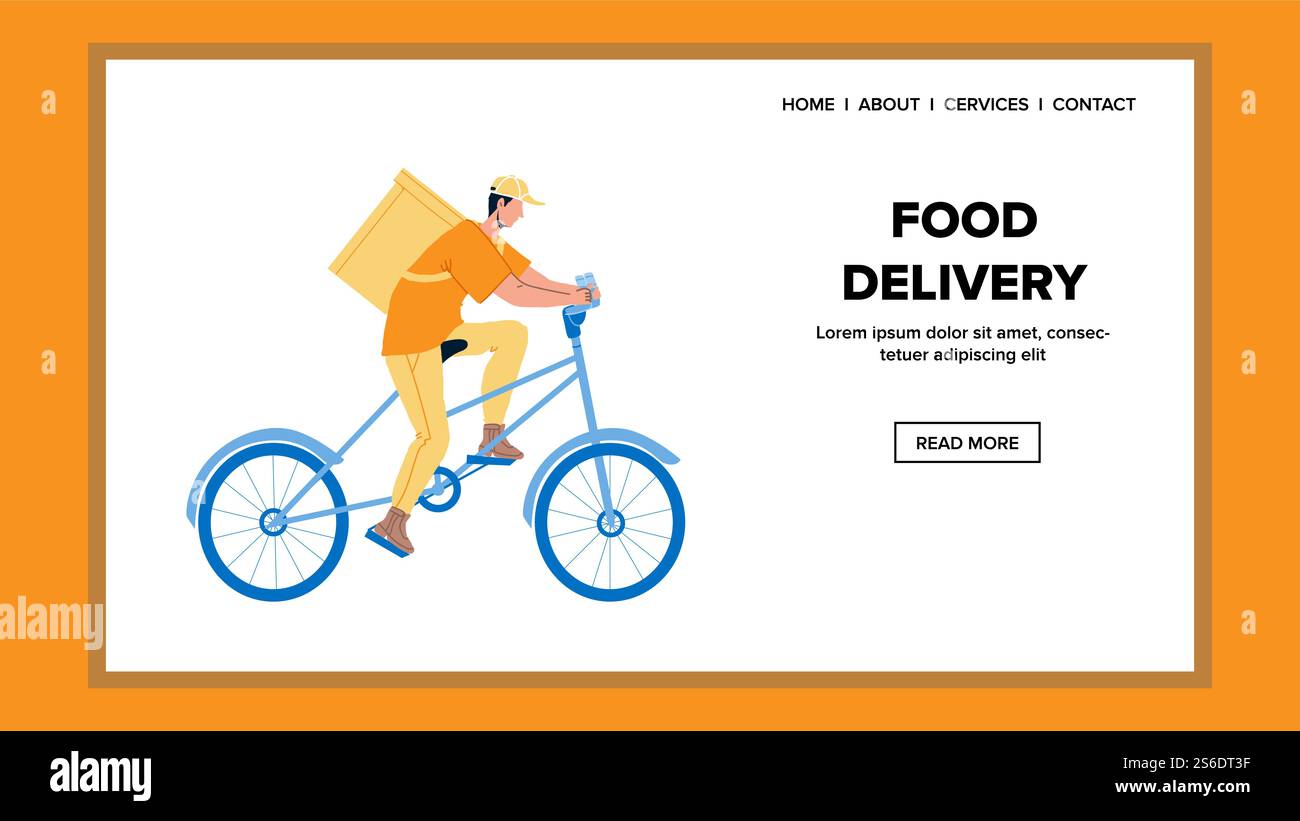 Food Delivery Man Carrying Order On Bicycle Vector. Young Man Courier ...