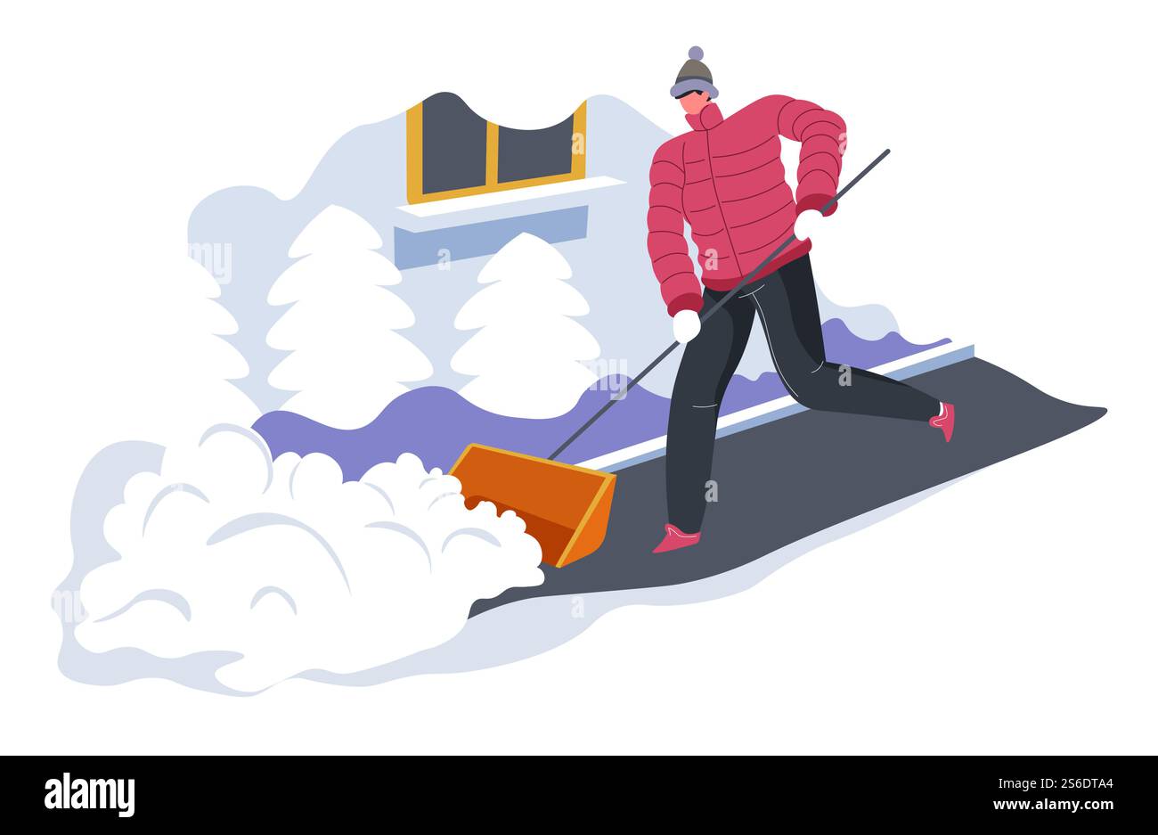 Man using wooden or plastic shovel to clean backyard by private house ...