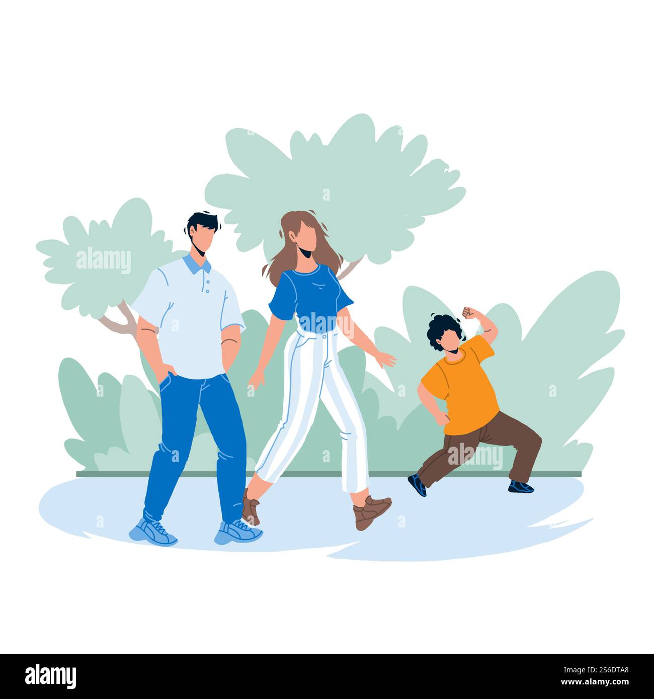 In Family Park Walking Parents With Child Vector. Father, Mother And ...