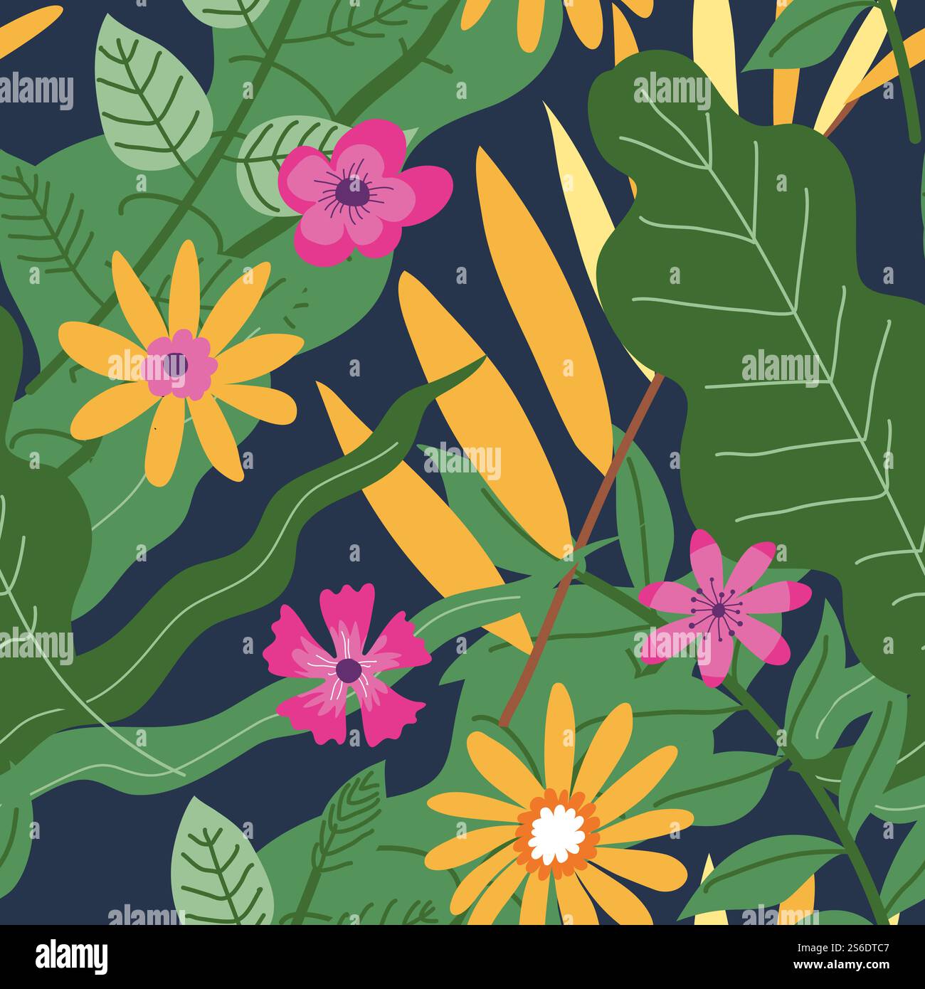 Decorative tropical or exotic blossom of plants. Blooming flowers with lush leaves, subtropical ...