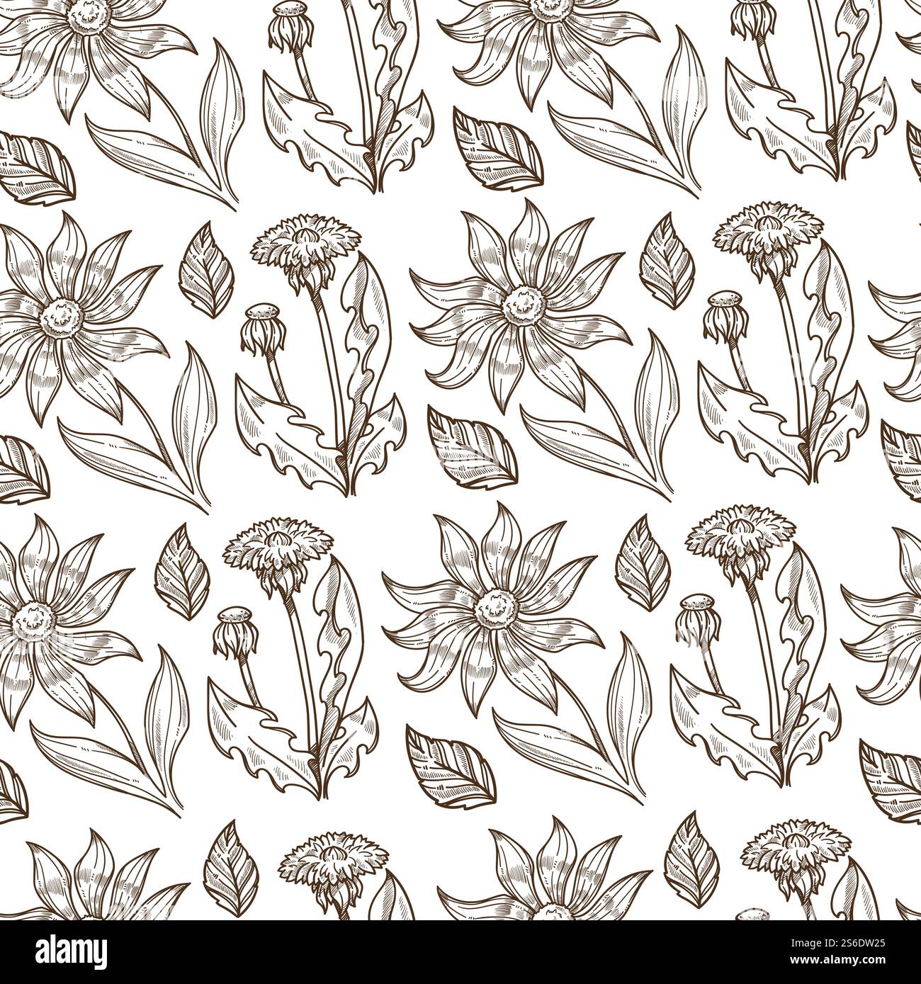 Flourishing flowers with foliage and stems, seamless pattern of flora ...