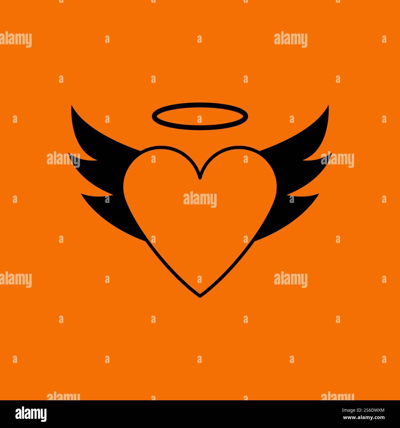 Valentine Heart With Wings And Halo Icon. Black on Orange Background ...