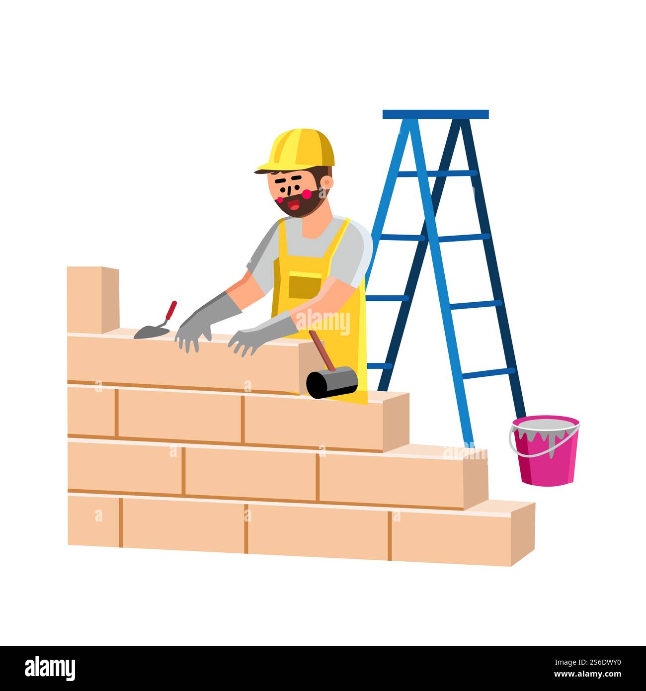 Builder Building House Wall With Bricks Vector. Industrial Bricklayer ...