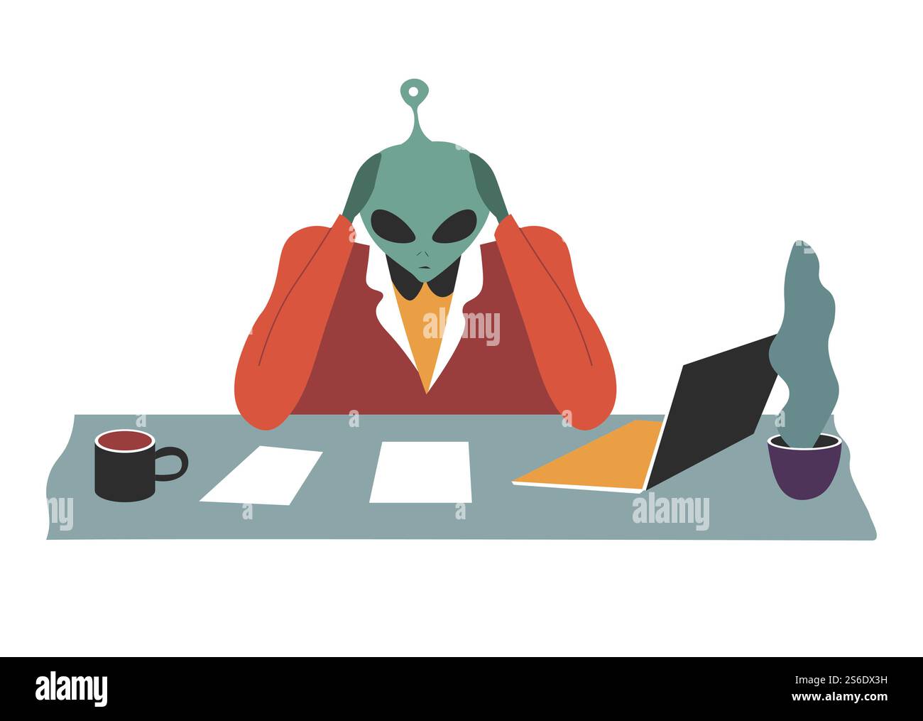 Humanoid character at work thinking on project in office. Alien working ...