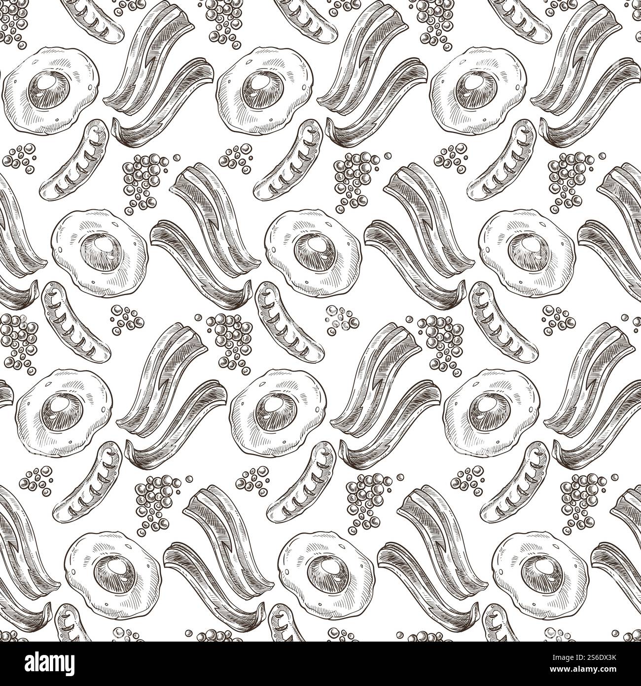 Fried eggs and bacon seamless pattern, grilled sausages. Breakfast or ...