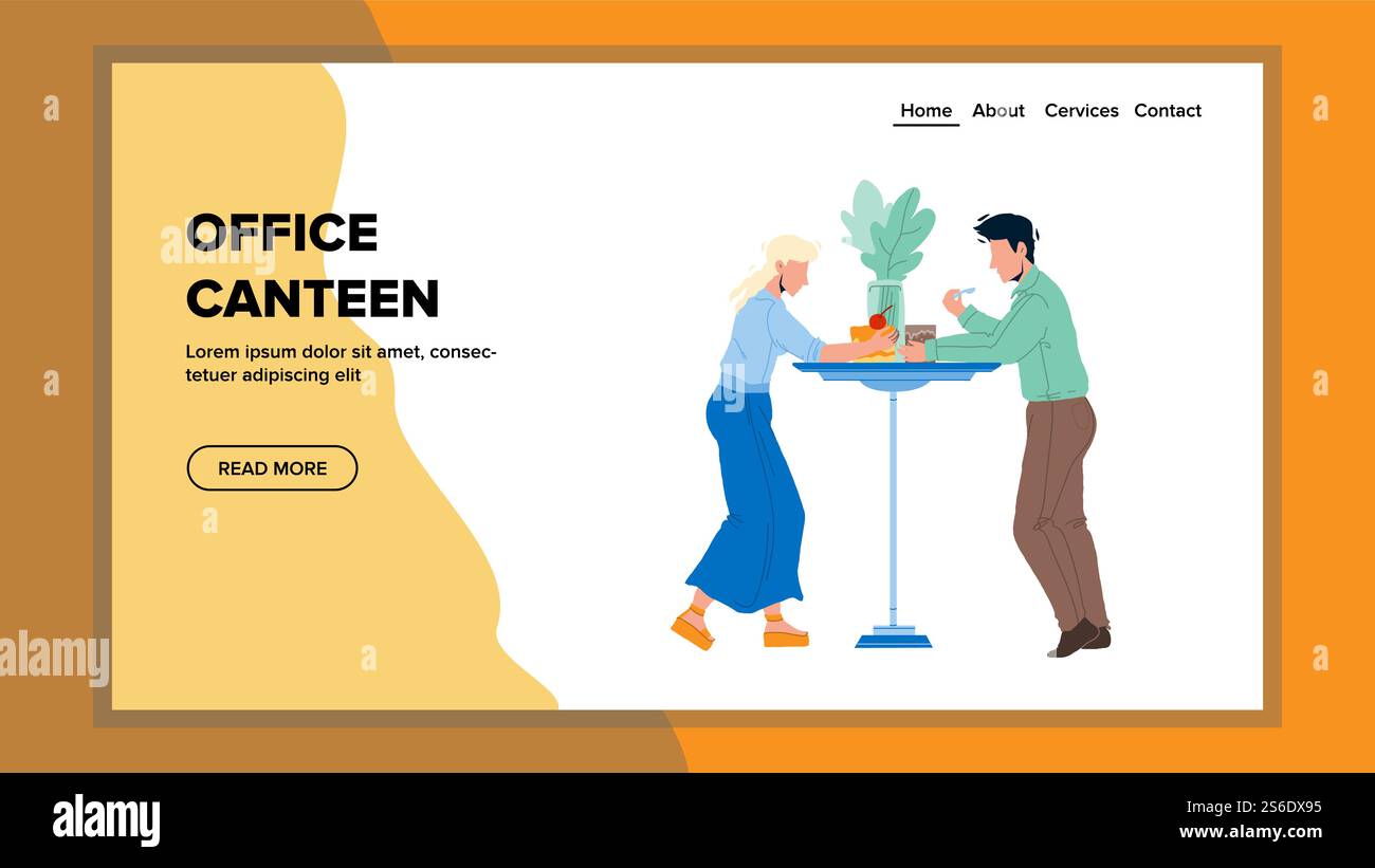 In Office Canteen Eat Colleagues Together Vector. Company Employees ...