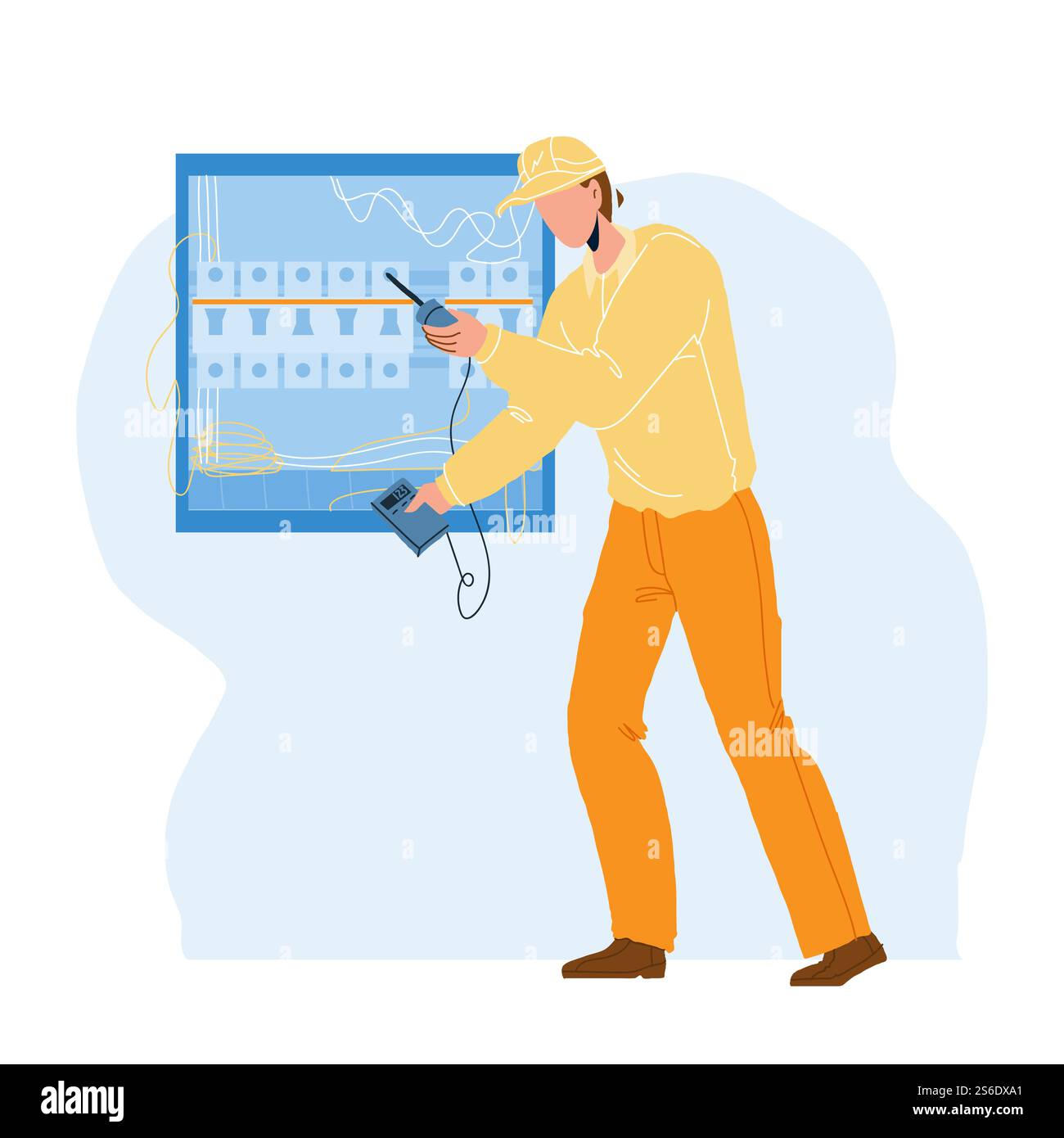 Electrical Engineer Checking Electric Panel Vector. Electrician Using ...