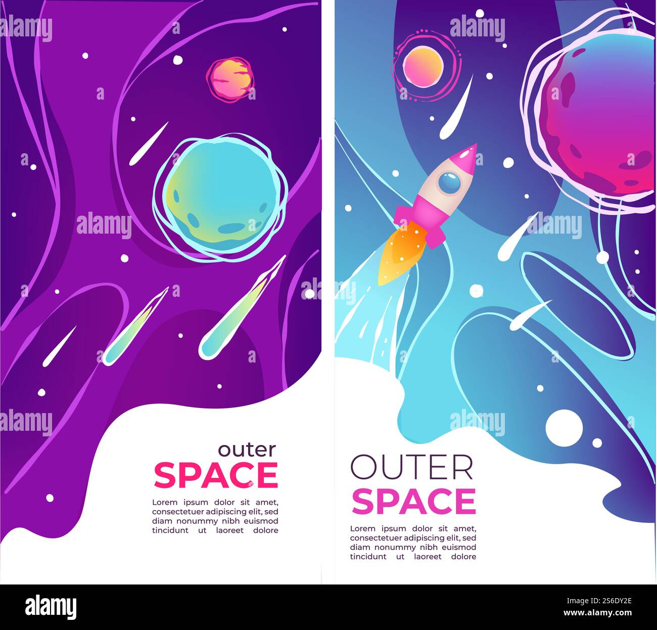 Discovery of outer space, exploration of universe, banners with sample ...