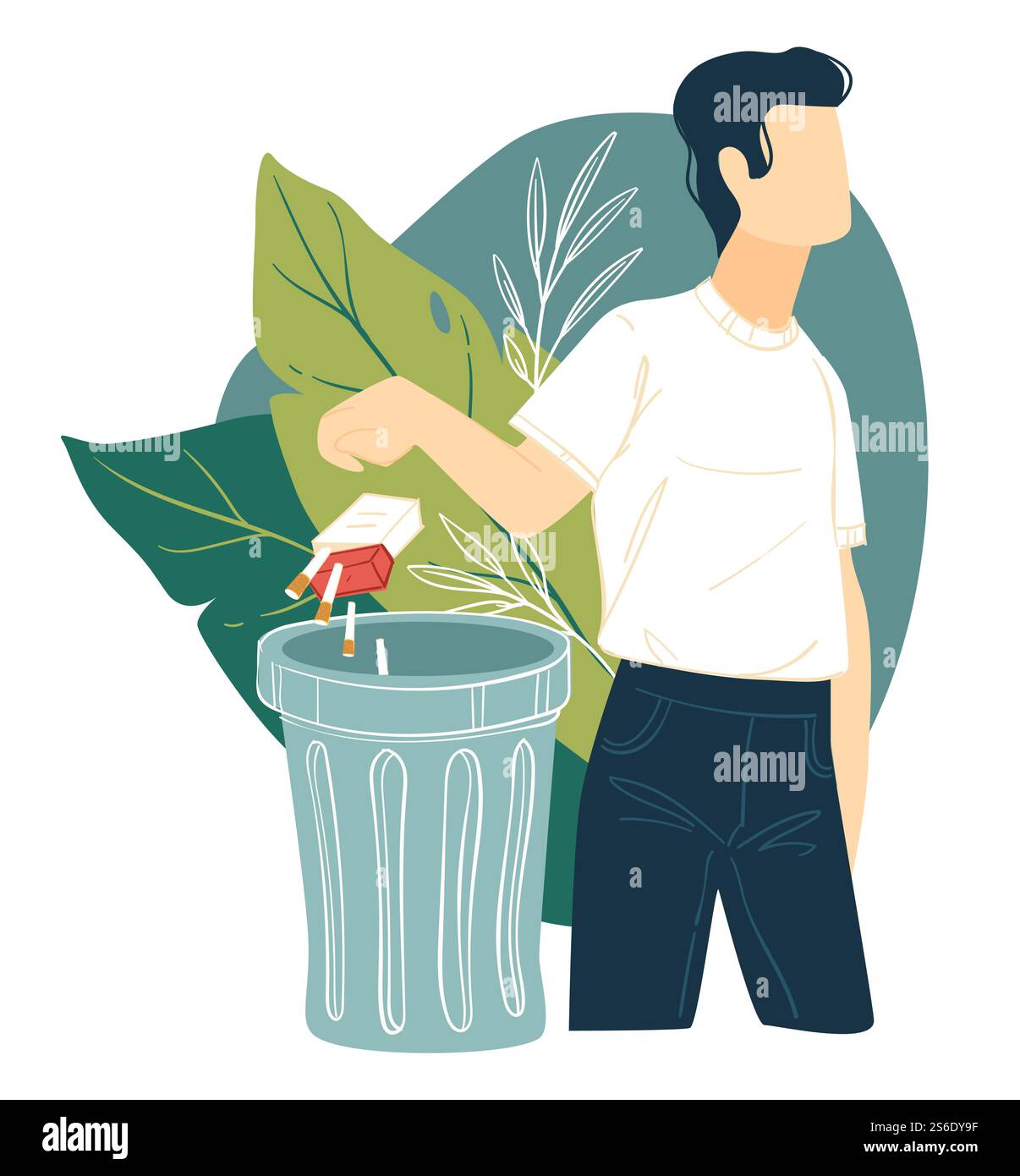 Quitting smoking and bad habits, male character throwing pack of ...