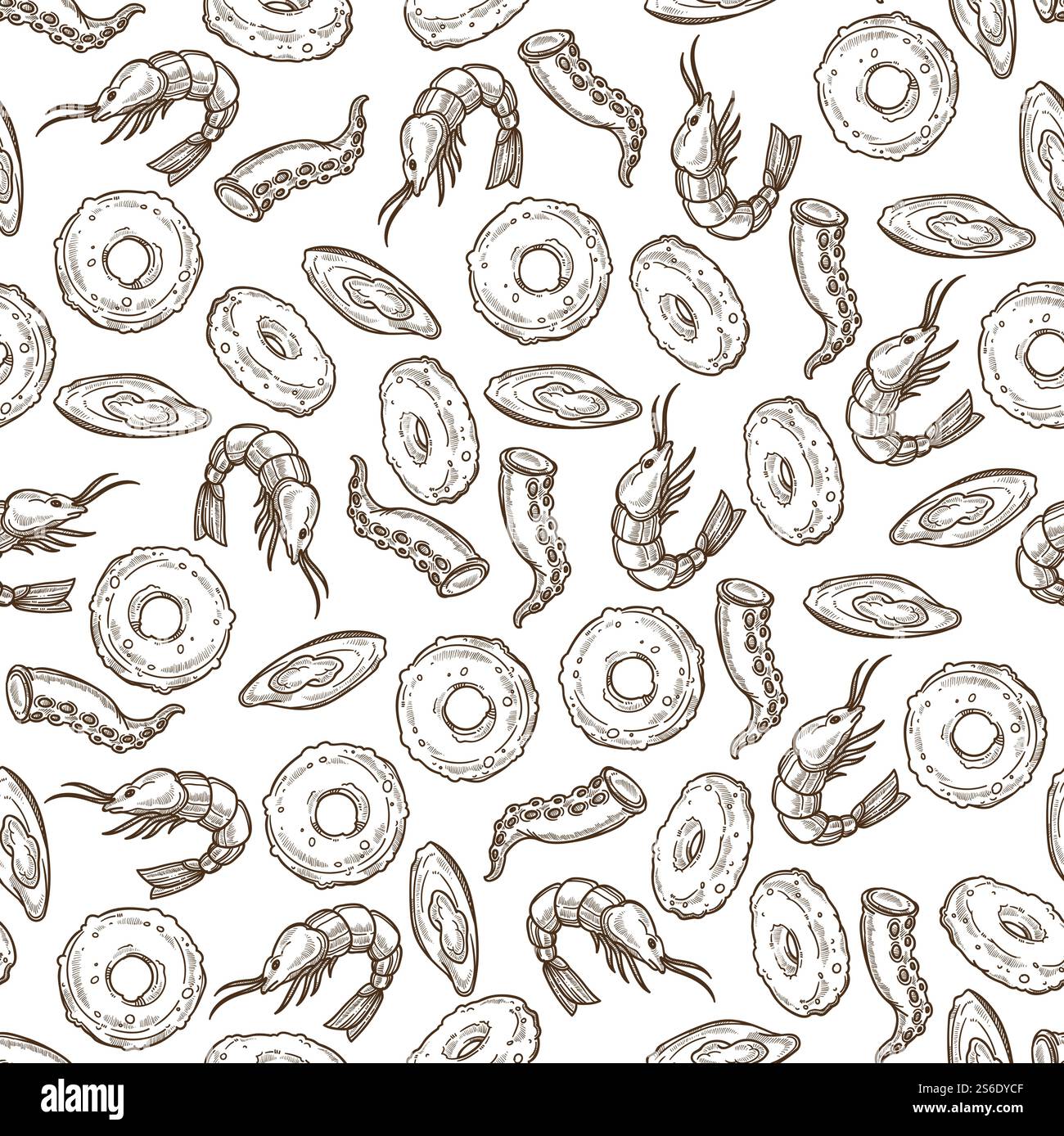 Grilled rings of fish meat, fried shrimps seamless pattern. Seafood ...