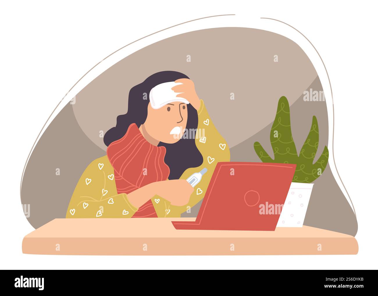 Female character sitting by laptop, working on task. Ill freelancer ...