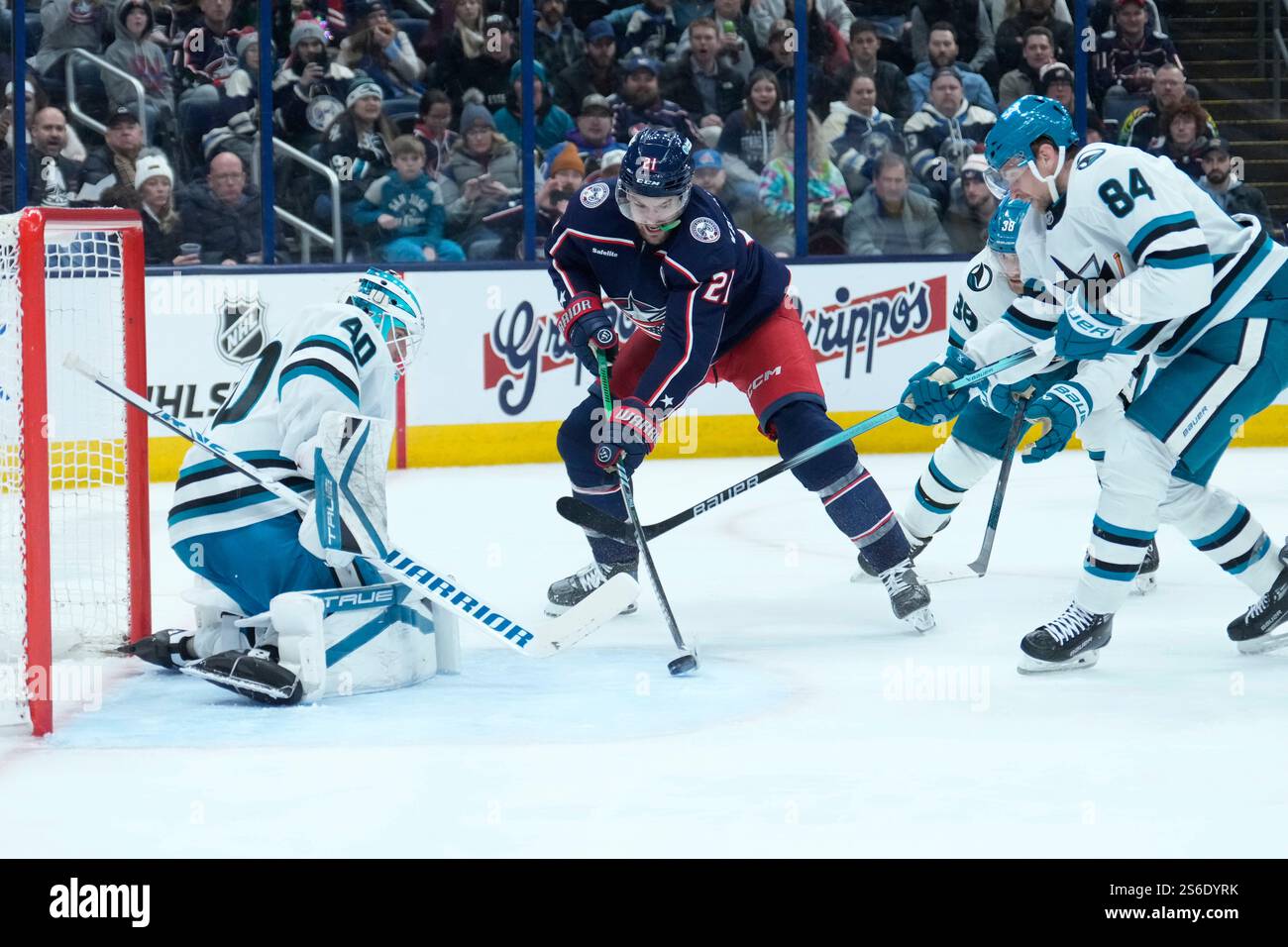 Columbus Blue Jackets left wing James van Riemsdyk (21) shoots on San ...