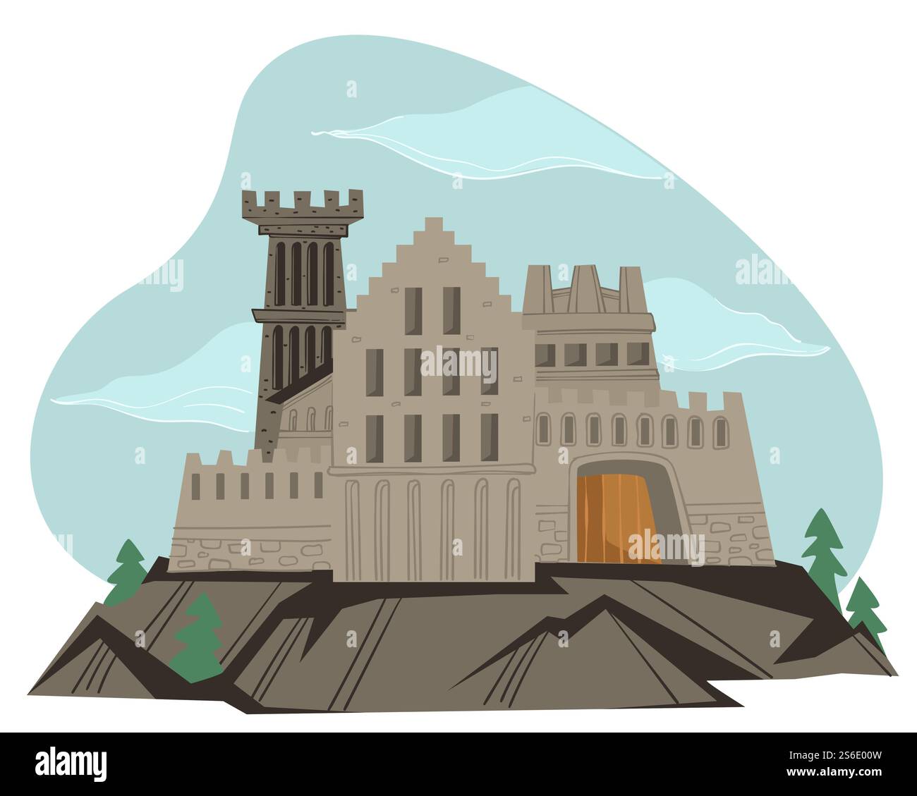 Medieval gothic architecture, isolated dark fortress with thick walls. Stone structure with ...