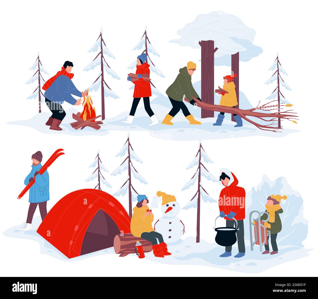 People spending time at winter camp. Adults and children camping in ...