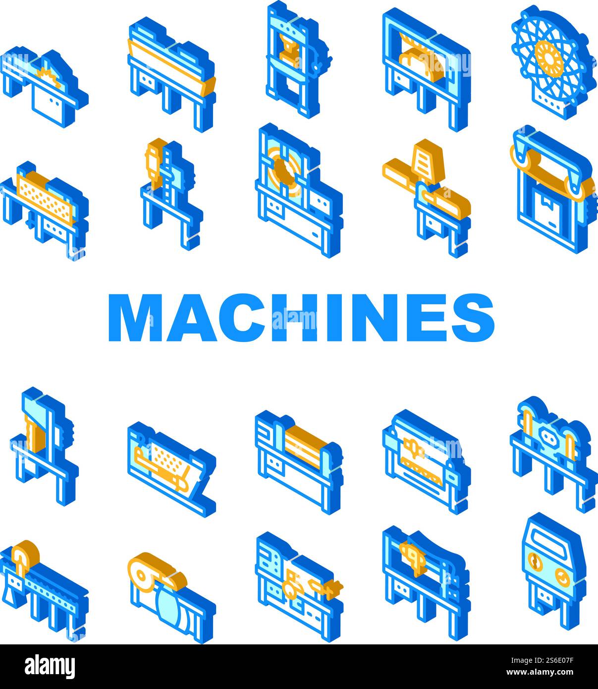 Industrial Machines Collection Icons Set Vector. Hot Pressing And Hydraulic Press, Drilling And ...