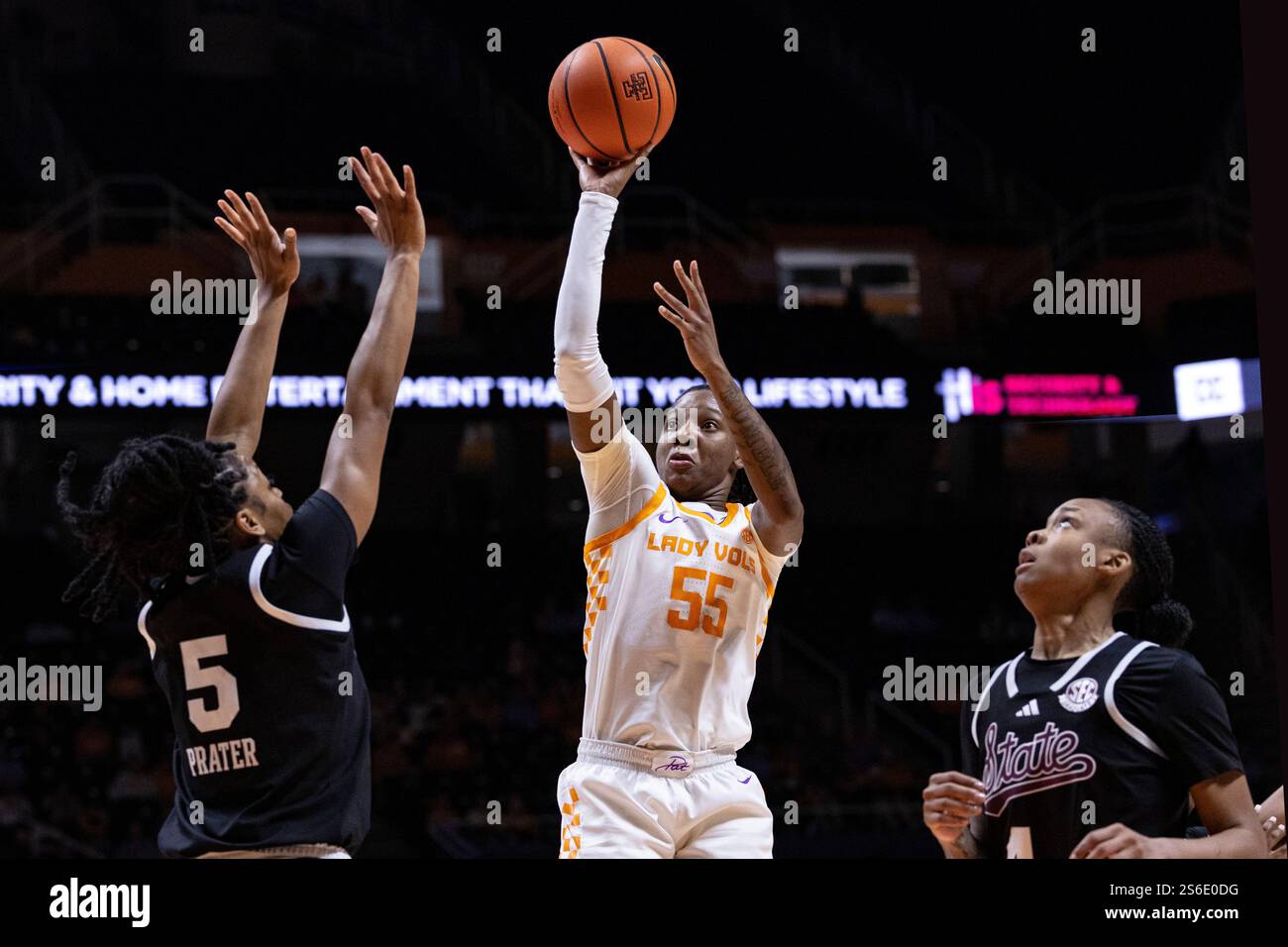 Tennessee guard Talaysia Cooper (55) shoots over Mississippi State ...