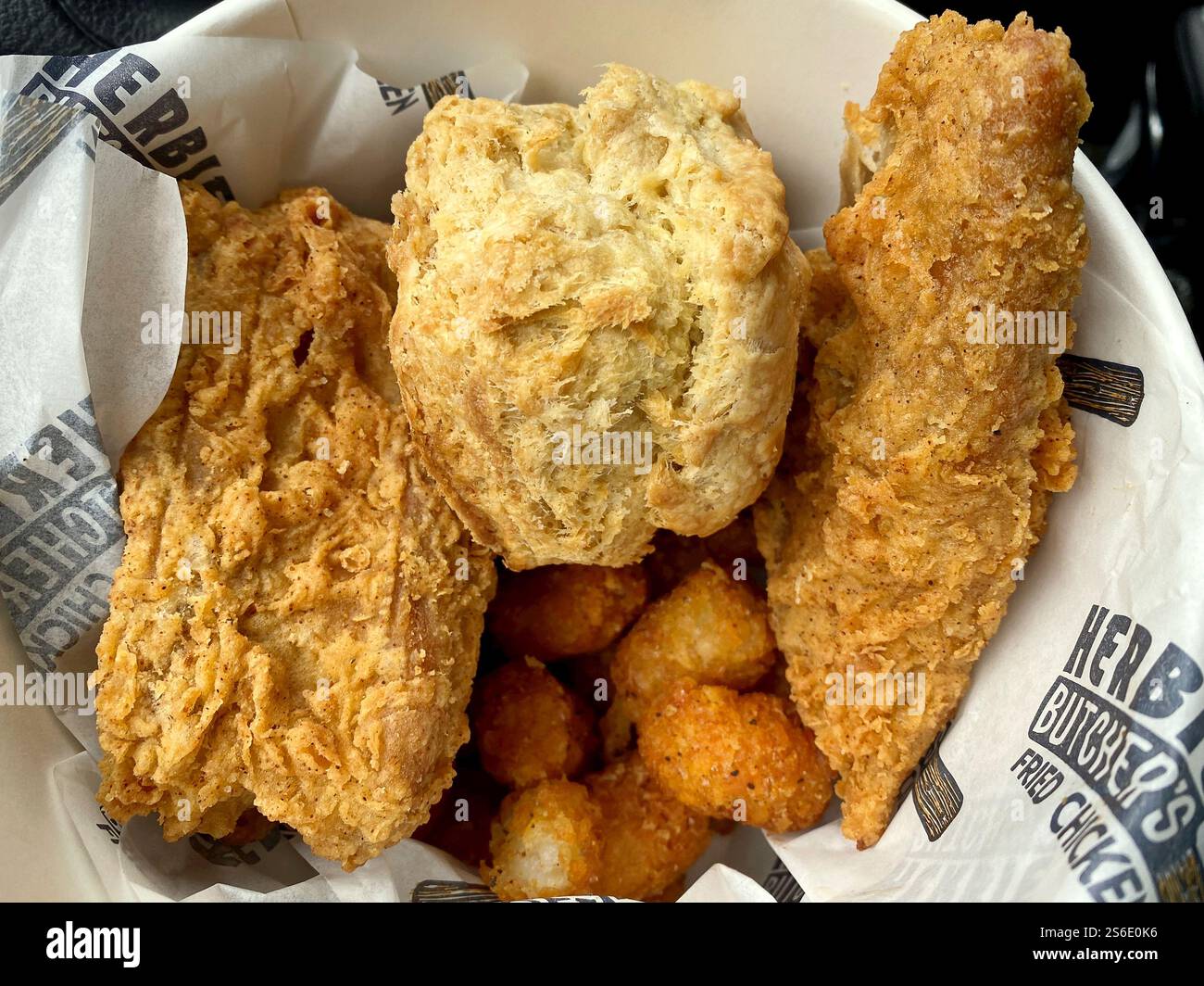 Vegan chicken, biscuit, and tater tots from Herbie Butcher's Fried ...