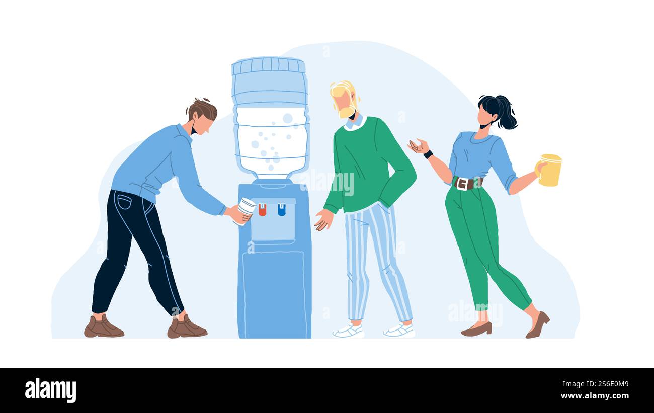 People Drinking Fresh Water From Cooler Vector. Office Colleagues ...