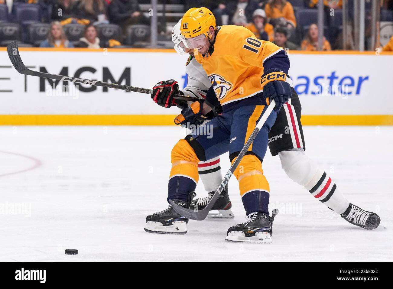 Nashville Predators center Colton Sissons (10) tries to skate the puck ...